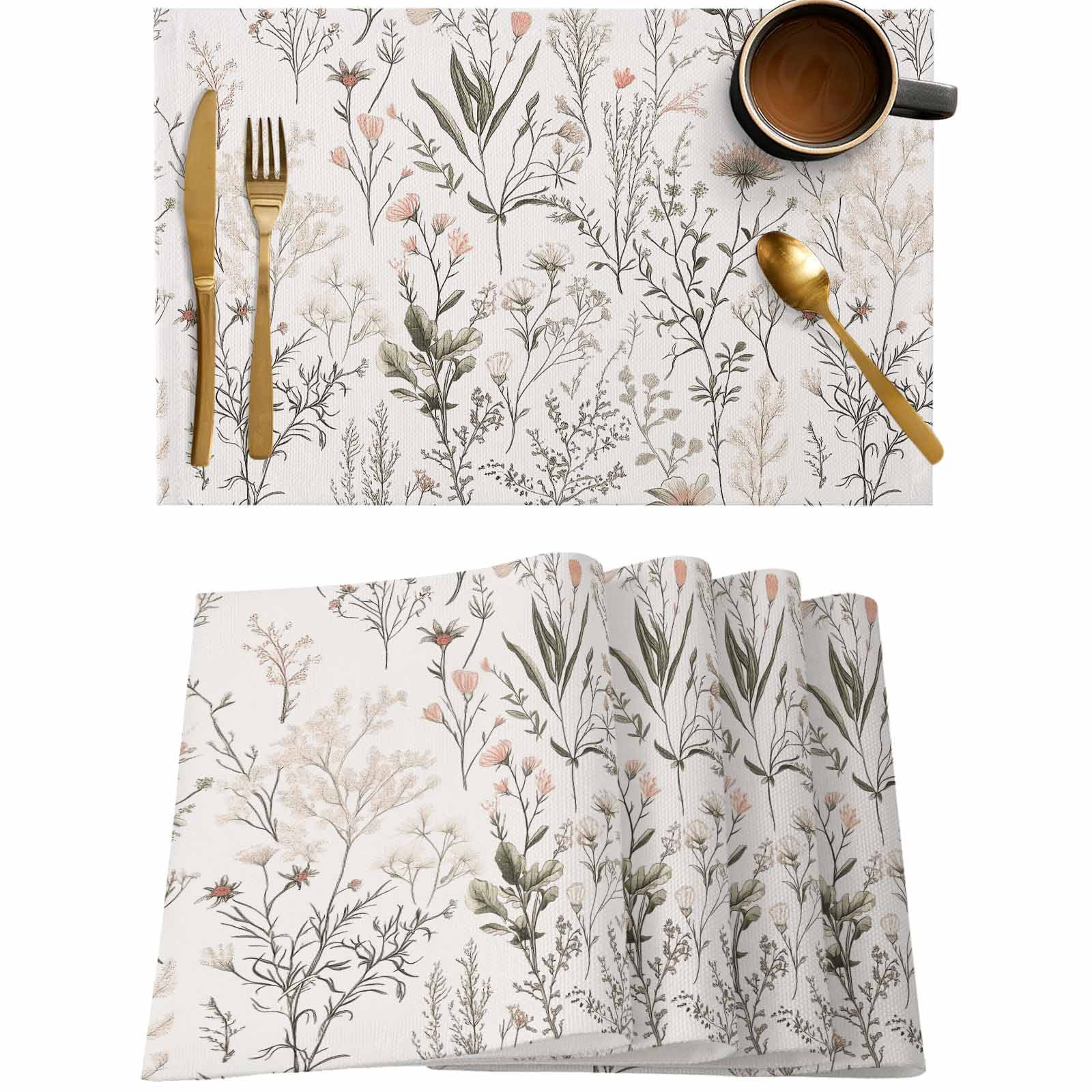 Spring Flower Leaves Botanical Placemats Set of 4,Wipeable Washable ...