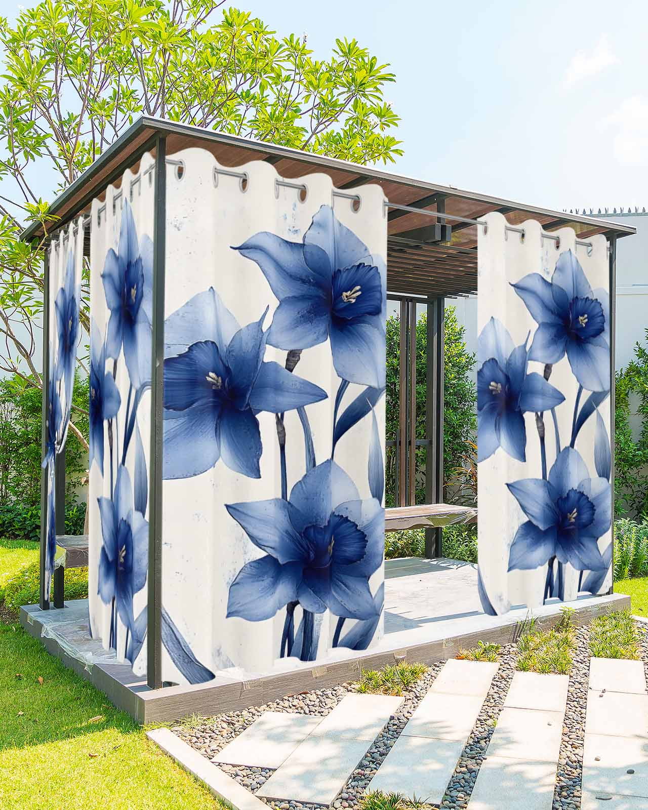 Spring Flower Outdoor Curtains for Patio, Retro Watercolor Blue Floral ...