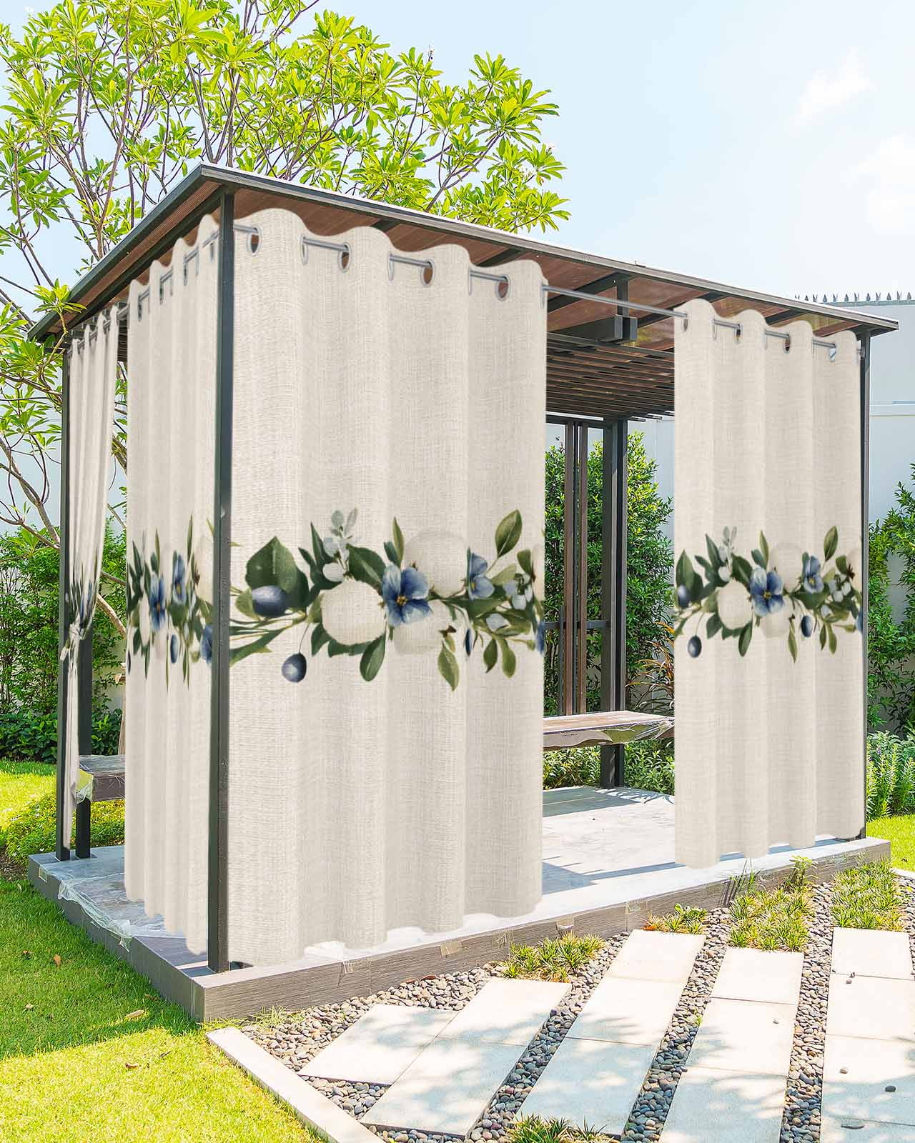 Spring Flower Outdoor Curtains for Patio, Vintage Blue Floral ...