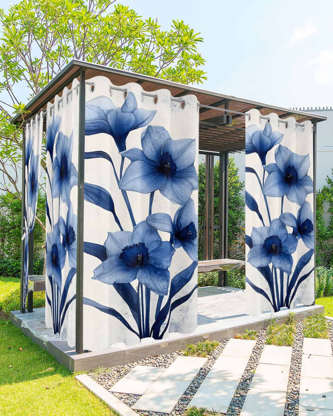 Spring Flower Outdoor Curtains for Patio, Watercolor Blue Floral Leaf ...