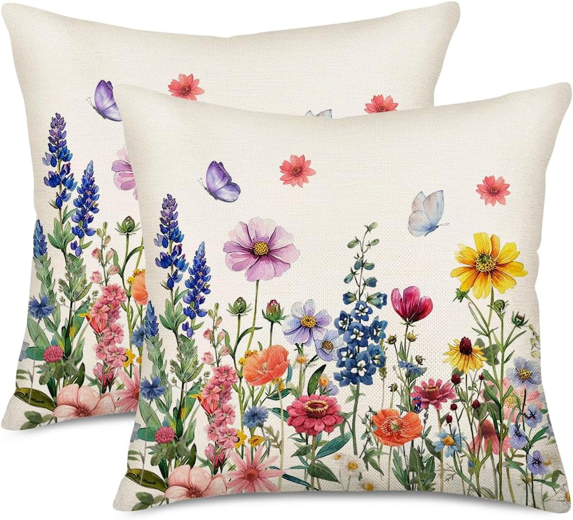 Spring Flower Pillow Covers 18x18 Inch Set of 2 Colorful Herbs Plant ...