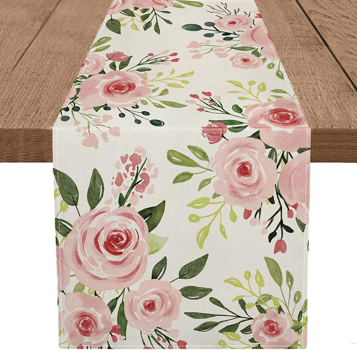 Spring Flower Pink Floral Linen Table Runner Holiday r Summer Seasonal ...