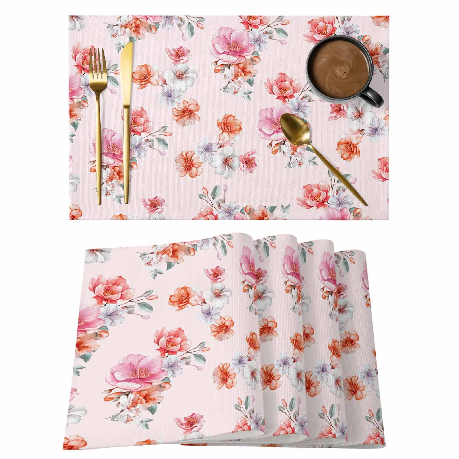 Spring Flower Placemats Set of 12, Watercolor Gradient Pink Red Floral ...