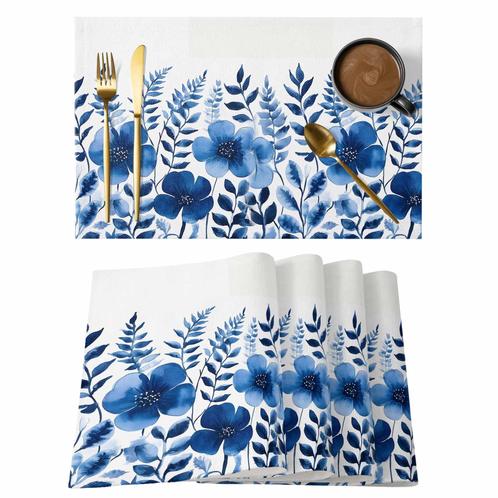 Spring Flower Placemats Set of 4, Watercolor Blue Floral Leaf Plant ...