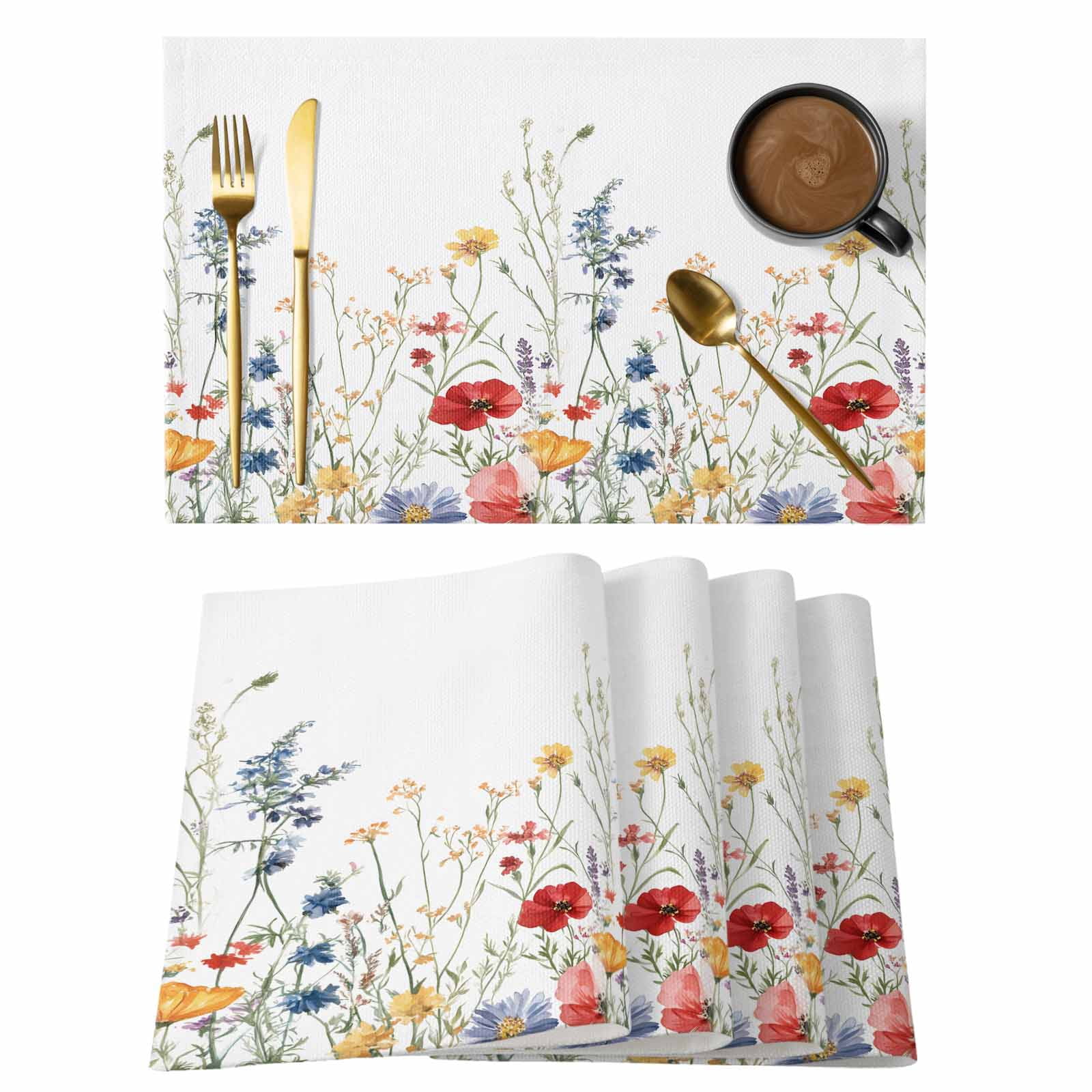 Spring Flower Placemats Set of 4, Watercolor Blue Red Yellow Purple ...