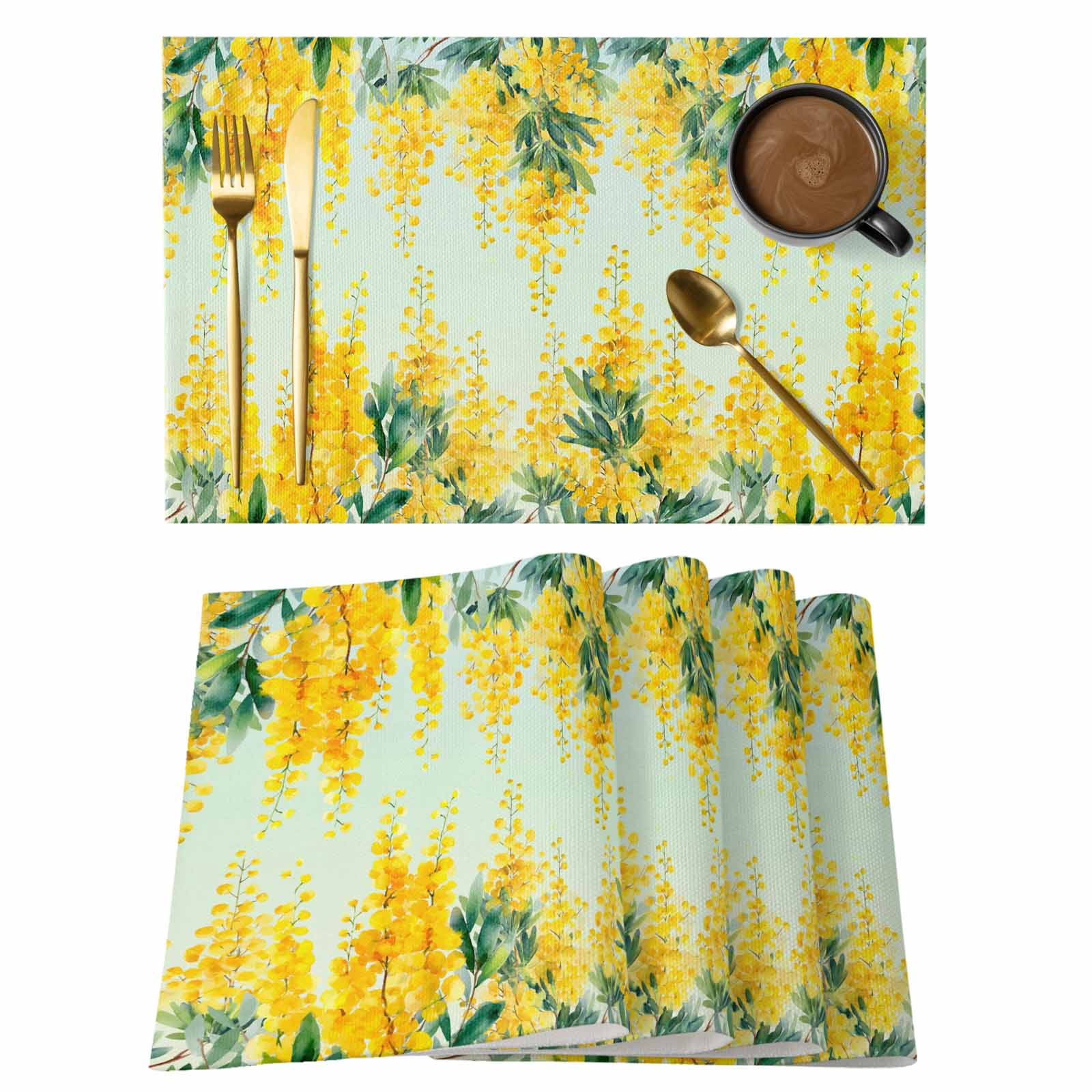 Spring Flower Placemats Set of 4, Watercolor Gradient Yellow Floral ...