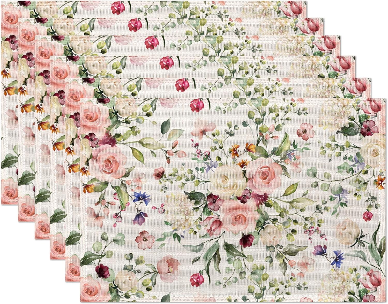 Spring Flower Placemats Set of 6,Pink White Rose Eucalyptus Leave ...