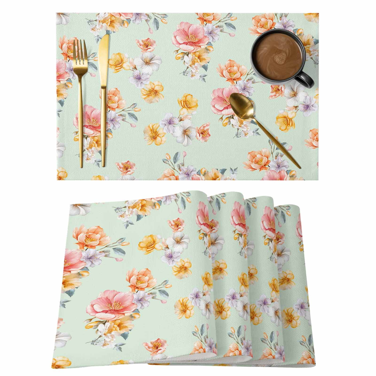 Spring Flower Placemats Set of 6, Watercolor Gradient Pink Yellow ...