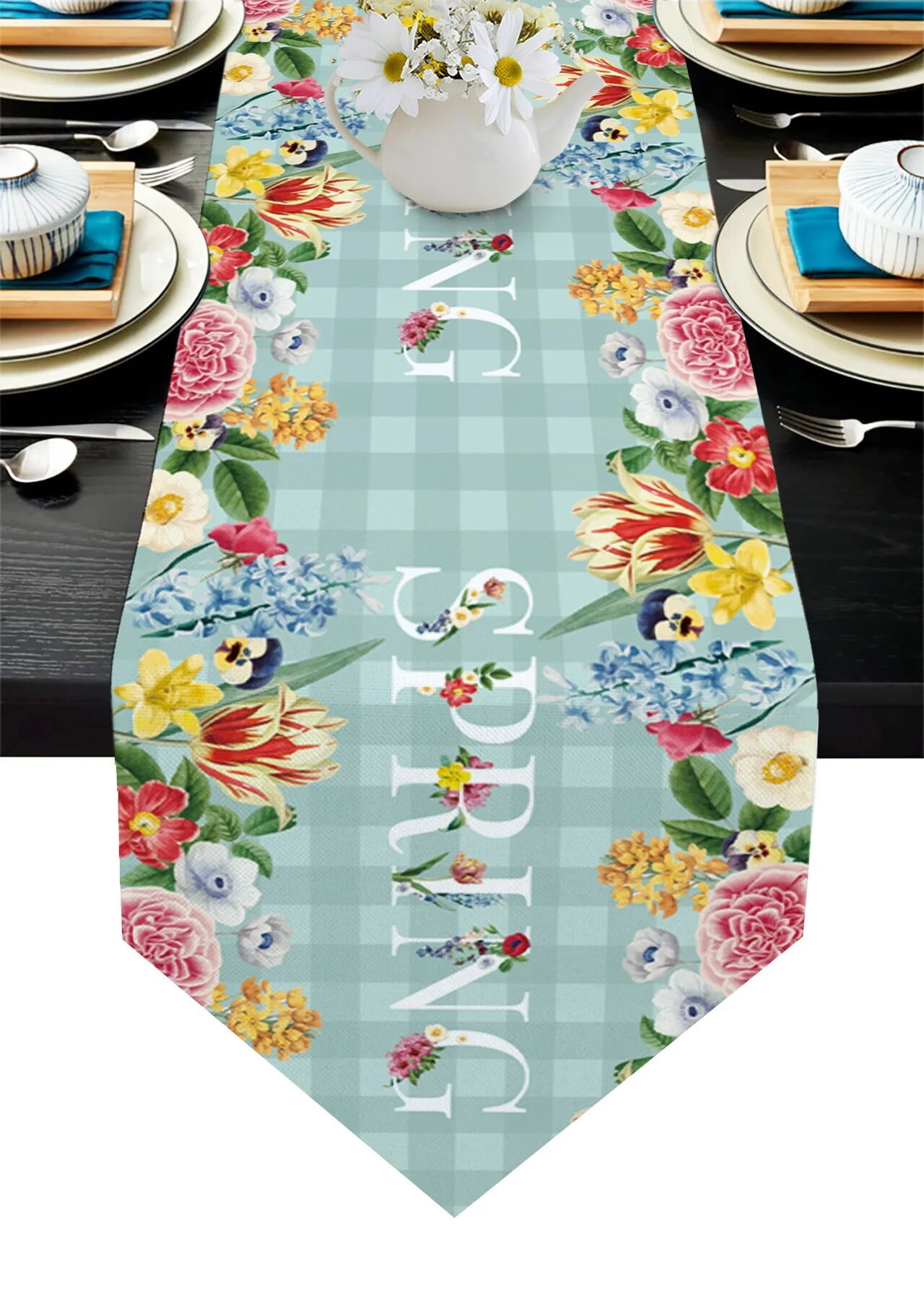 Spring Flower Plaid Background Table Runner Wedding Table Decoration ...