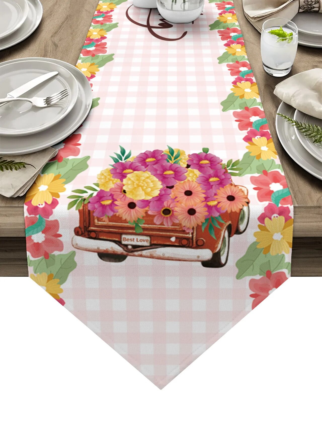 Spring Flower Plaid Background Table Runner Wedding Table Decoration ...