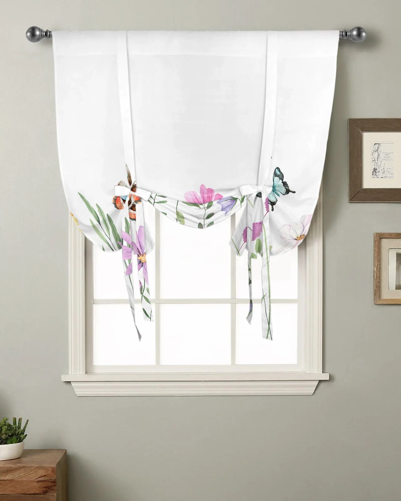 Spring Flower Plant Leaf Butterfly Kitchen Short Window Curtain Modern ...