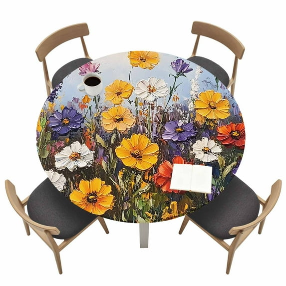 Spring Flower Round Fitted Tablecloth with Elastic Edge Retro Oil ...