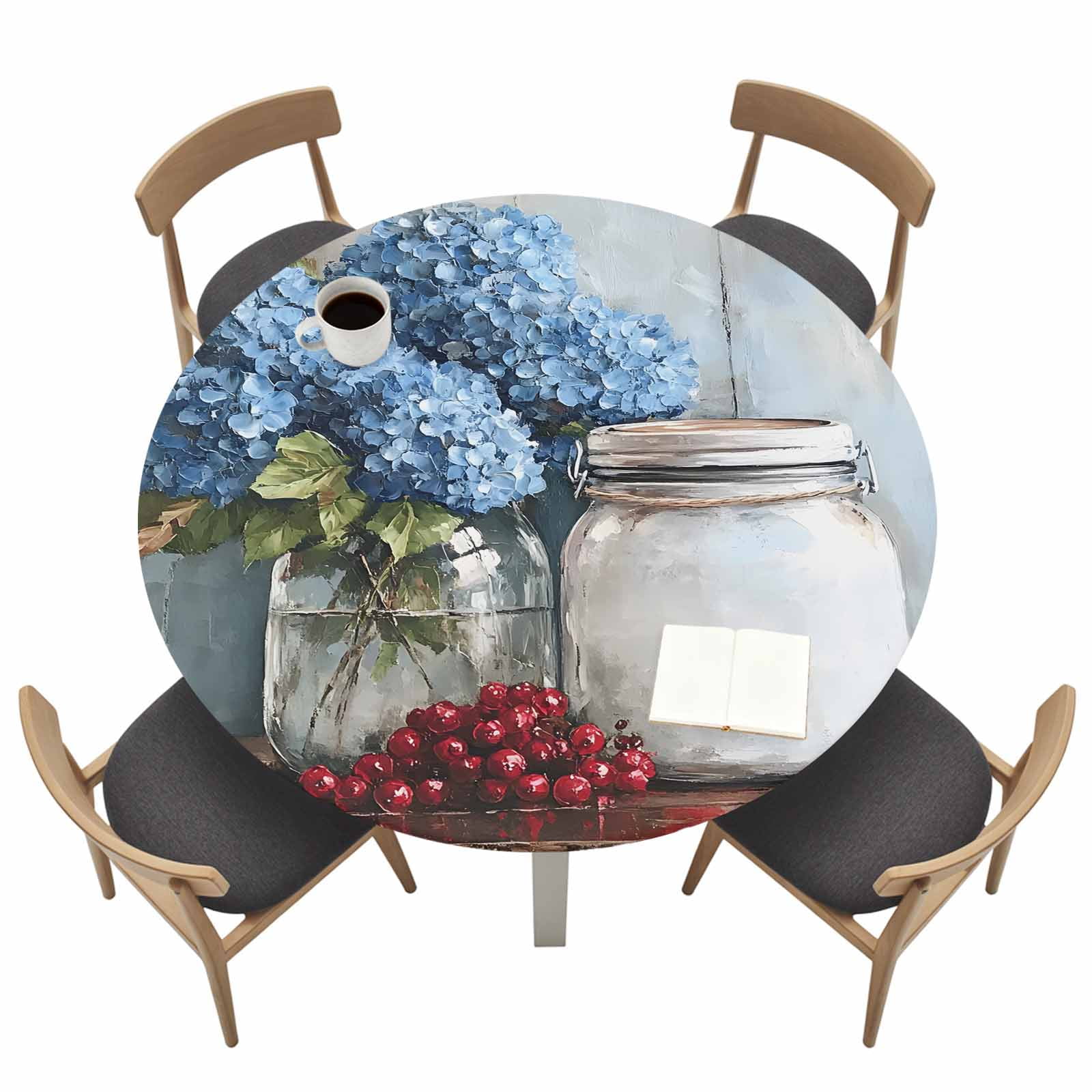 Spring Flower Round Fitted Tablecloth with Elastic Edge Vintage Blue ...