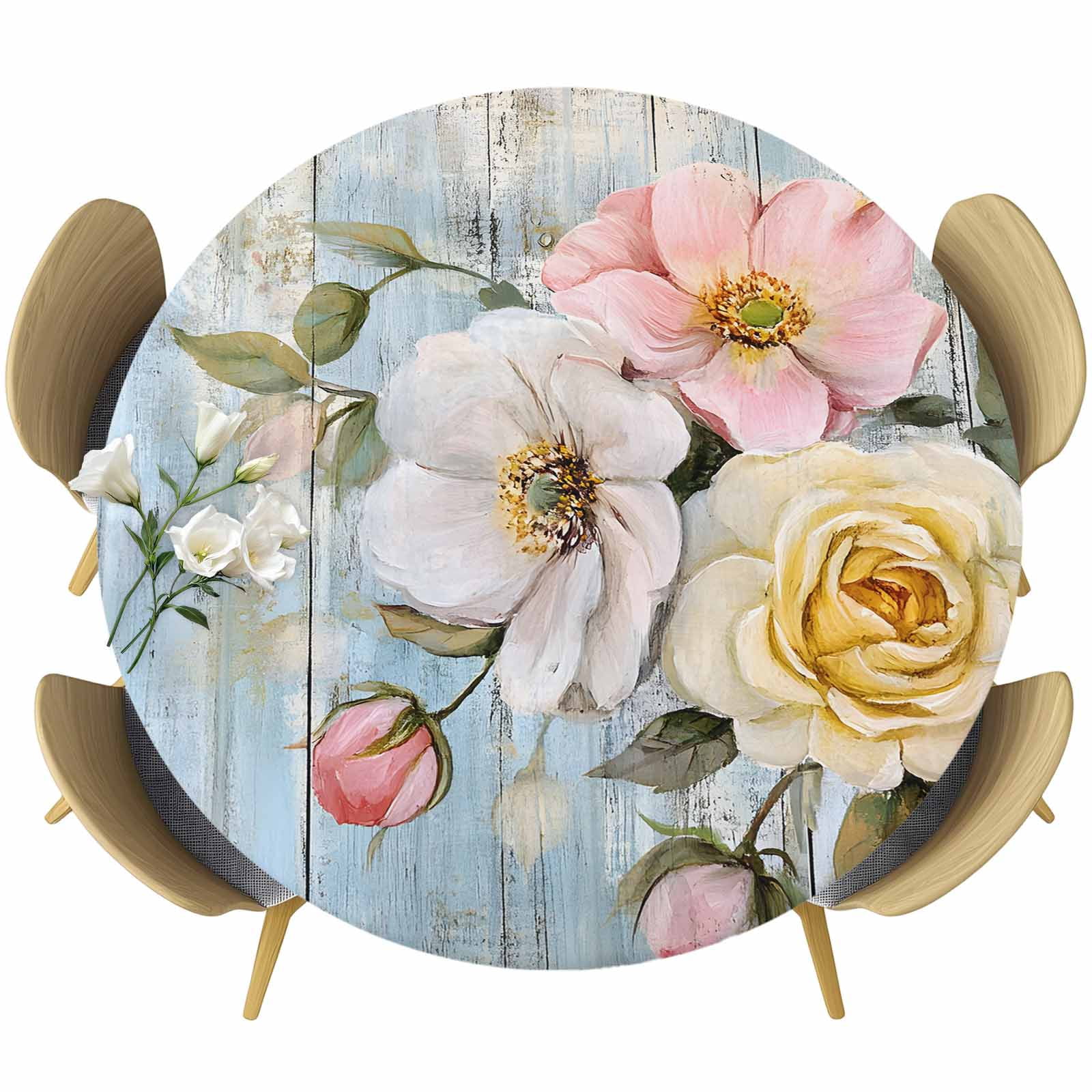Spring Flower Round Tablecloth 36-44 Inch Round Fitted Table Cloth with ...