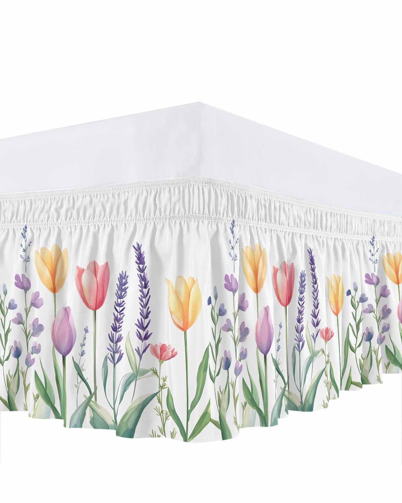 Spring Flower Ruffle Bed Skirt Queen Size Watercolor Tulip Floral Leaf ...