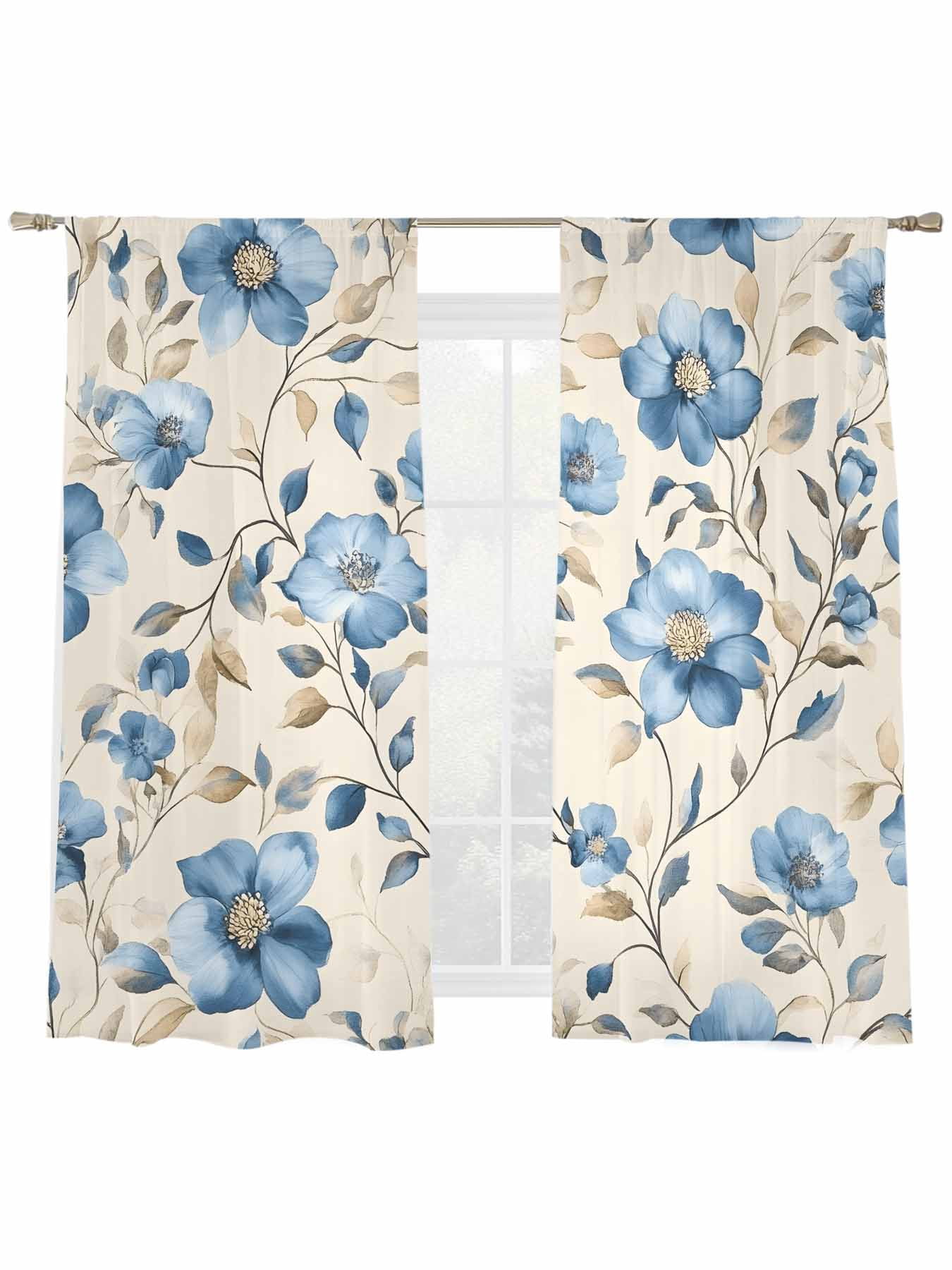 Spring Flower Sheer Curtains 2 Panels Set Blue Flower Watercolor Beige ...