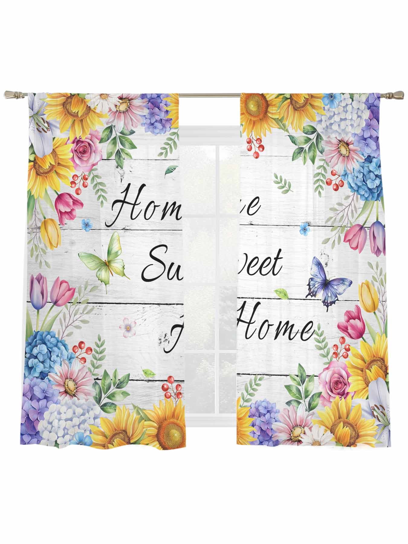 Spring Flower Sheer Curtains 2 Panels Set Home Sweet Home Sunflower ...
