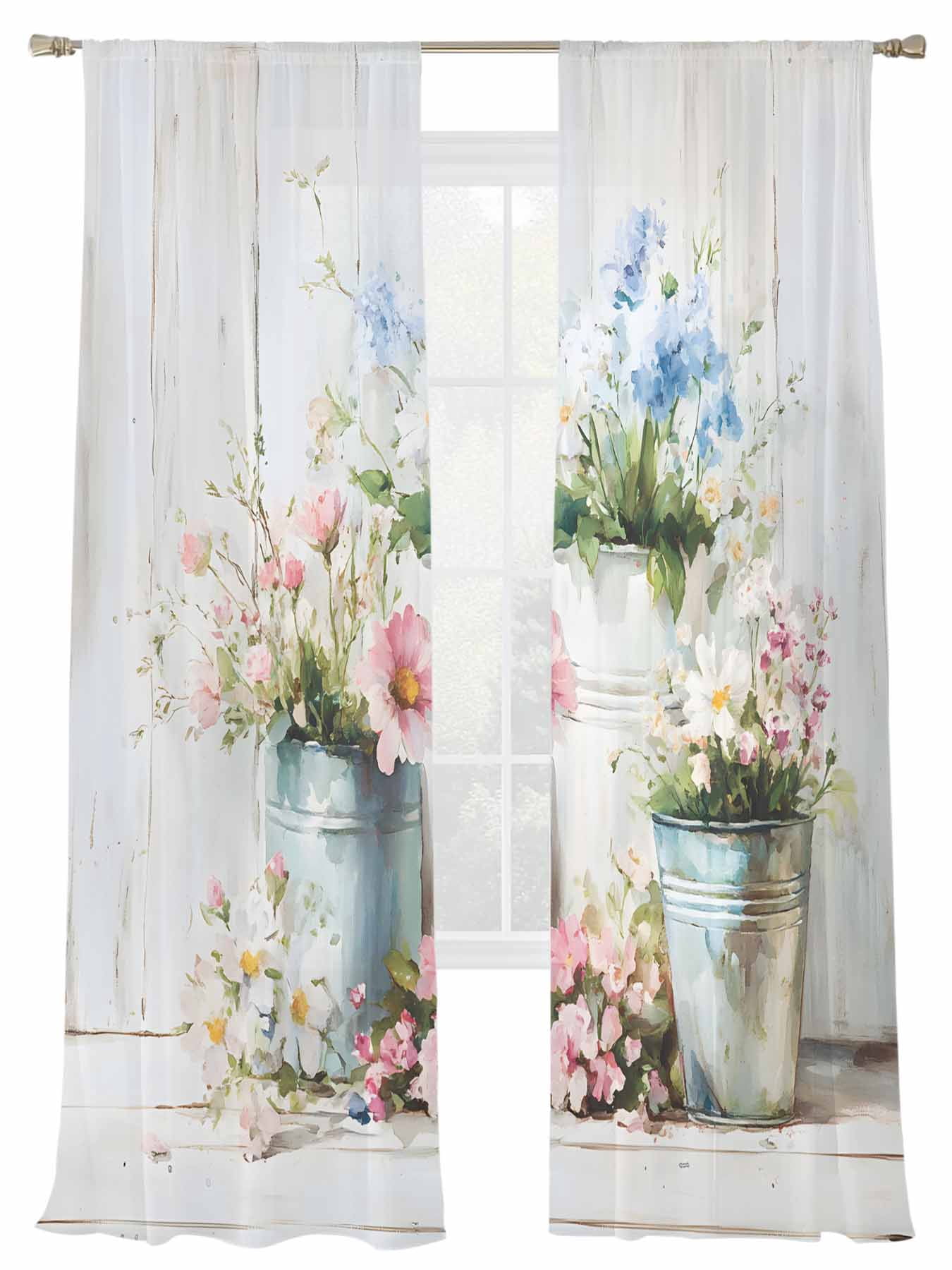 Spring Flower Sheer Curtains 2 Panels Set Pink Blue Flowers Oil ...