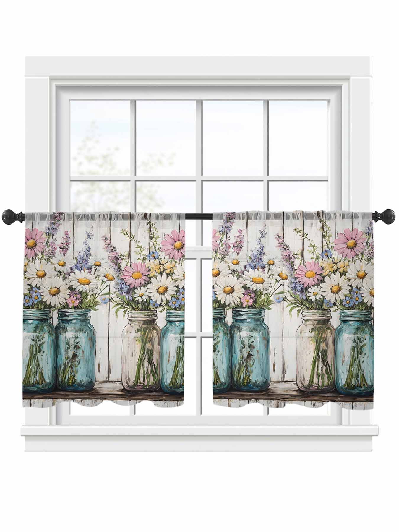 Spring Flower Sheer Curtains 2 Panels Set Retro Oil Painting Style ...
