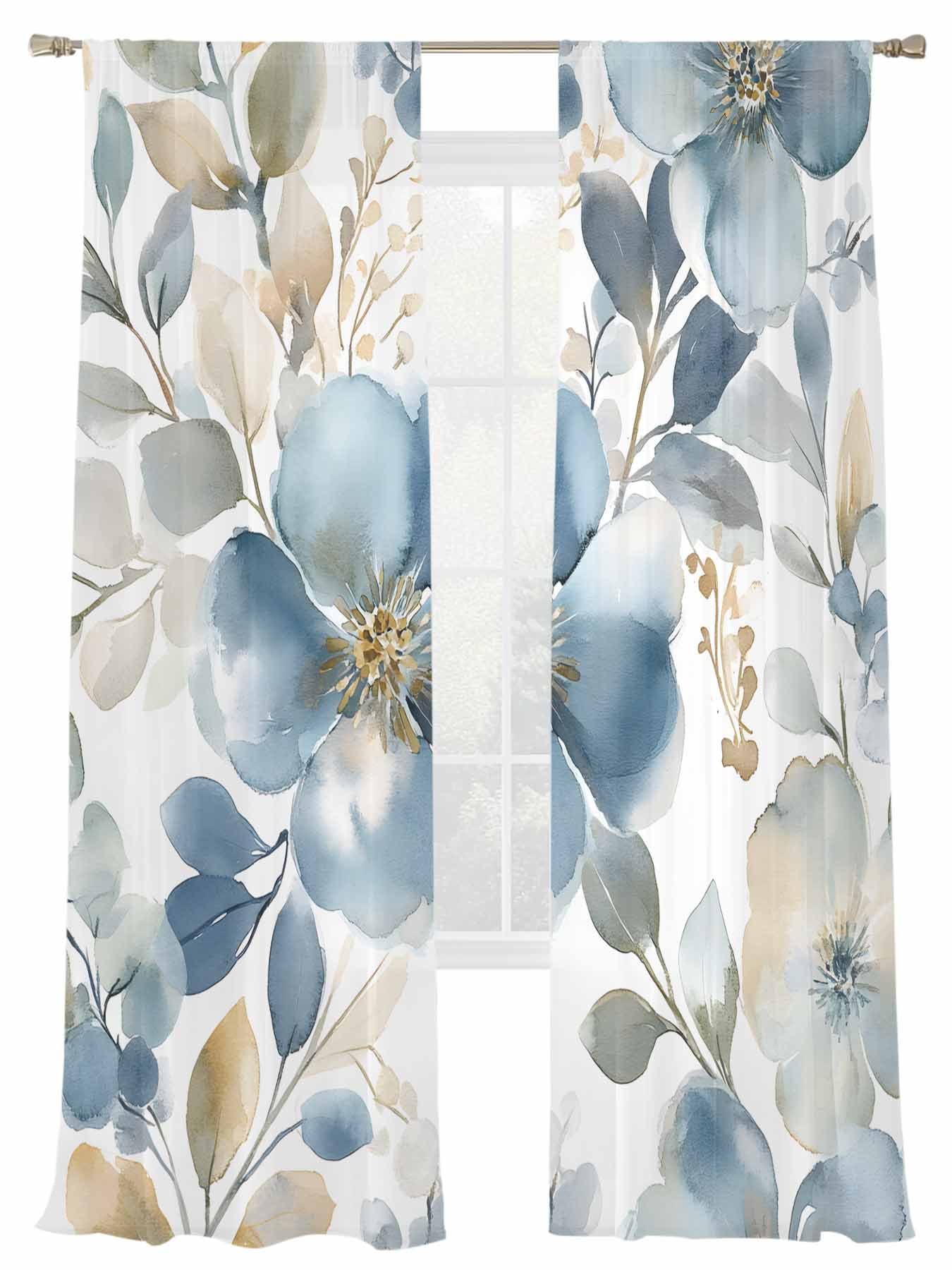 Spring Flower Sheer Curtains 2 Panels Set Vintage Blue Yellow Foral ...