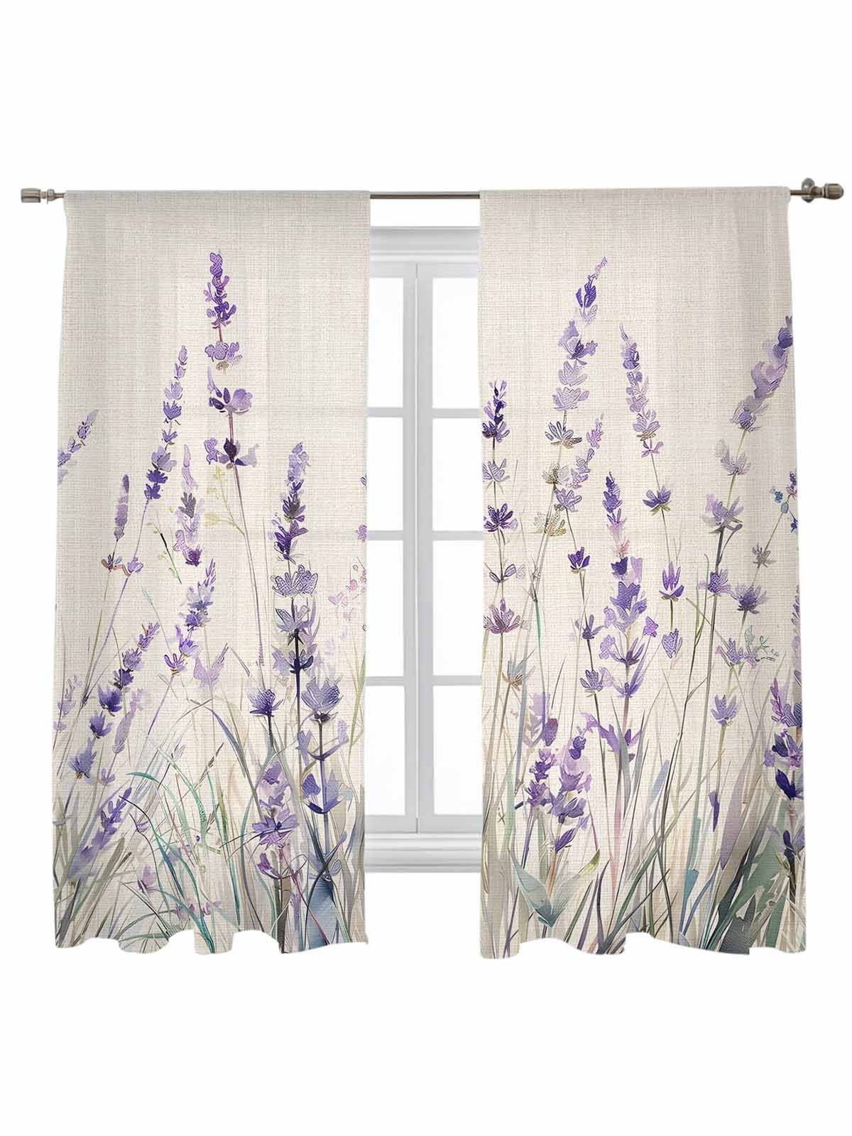 Spring Flower Sheer Curtains 2 Panels Set Vintage Purple Lavender Linen ...