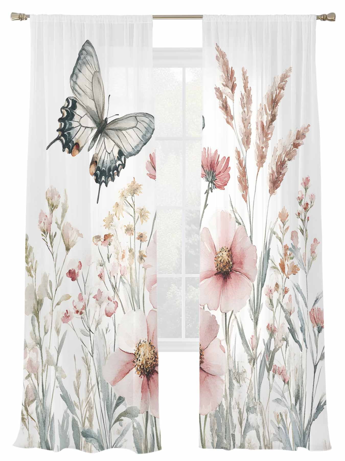 Spring Flower Sheer Curtains 2 Panels Set Vintage Watercolor Floral ...