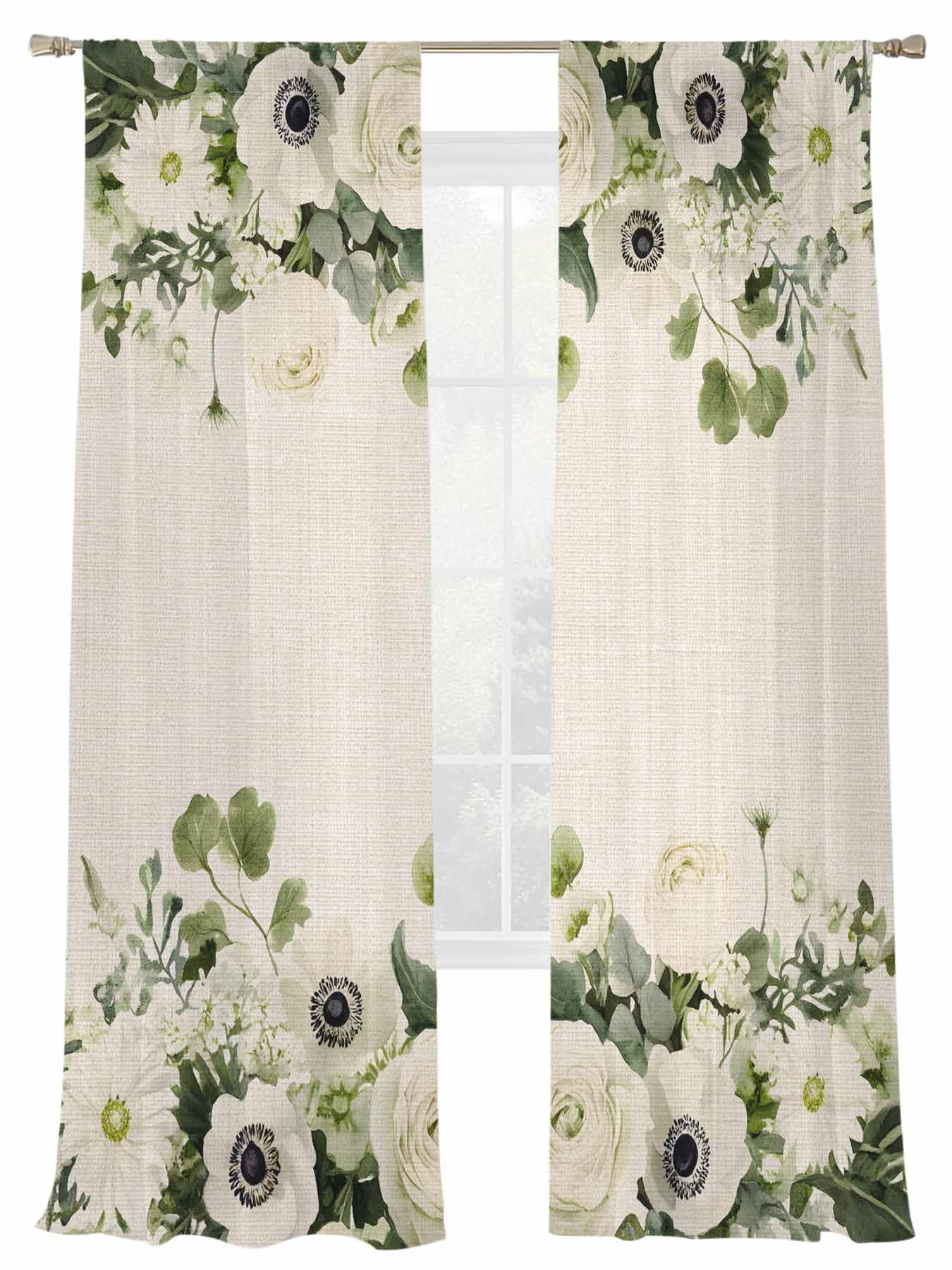 Spring Flower Sheer Curtains 2 Panels Set Watercolors White Wildflowers ...