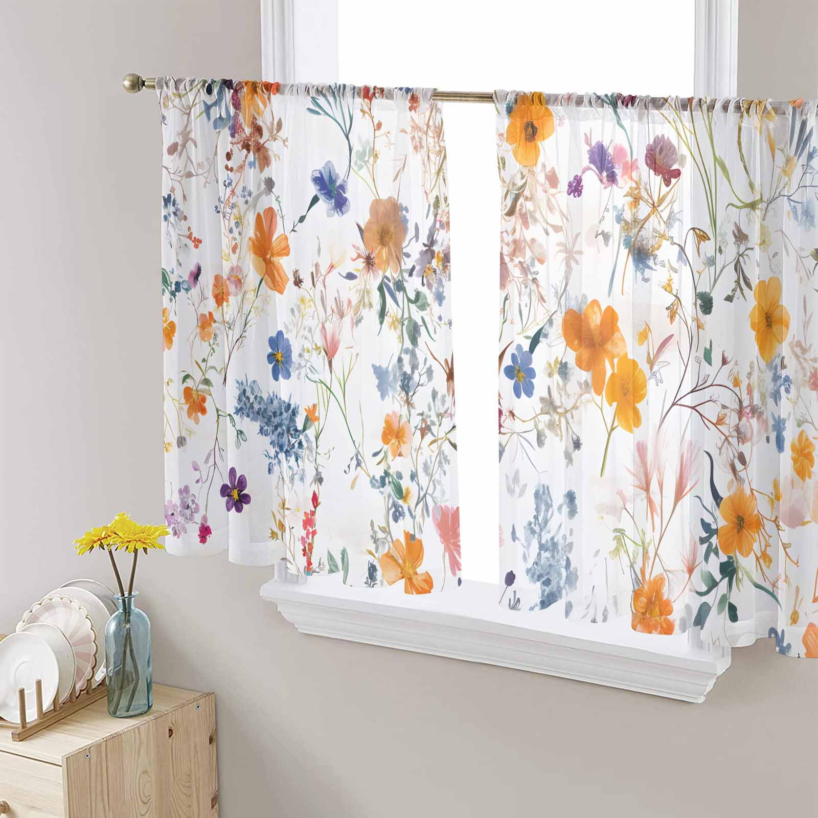 Spring Flower Sheer Curtains 54 Inch Length 2 Panels Set for Living ...