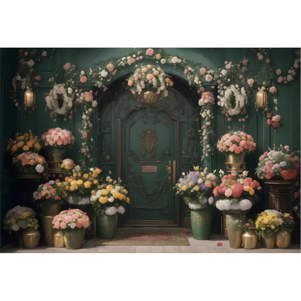 Spring Flower Shop Backdrop Wooden Door Pretty Flowers And Eggs ...