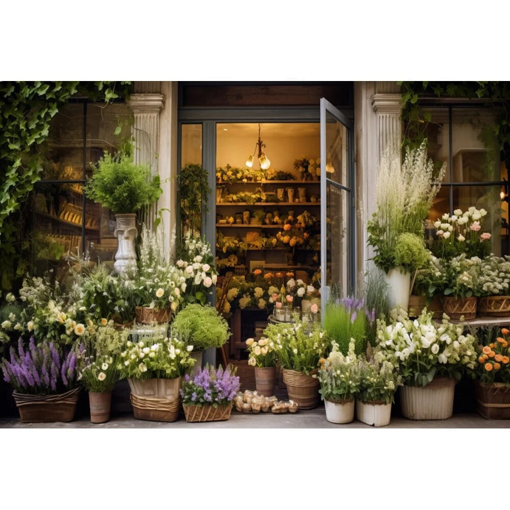 Spring Flower Shop Backdrop Wooden Door Pretty Flowers And Eggs ...