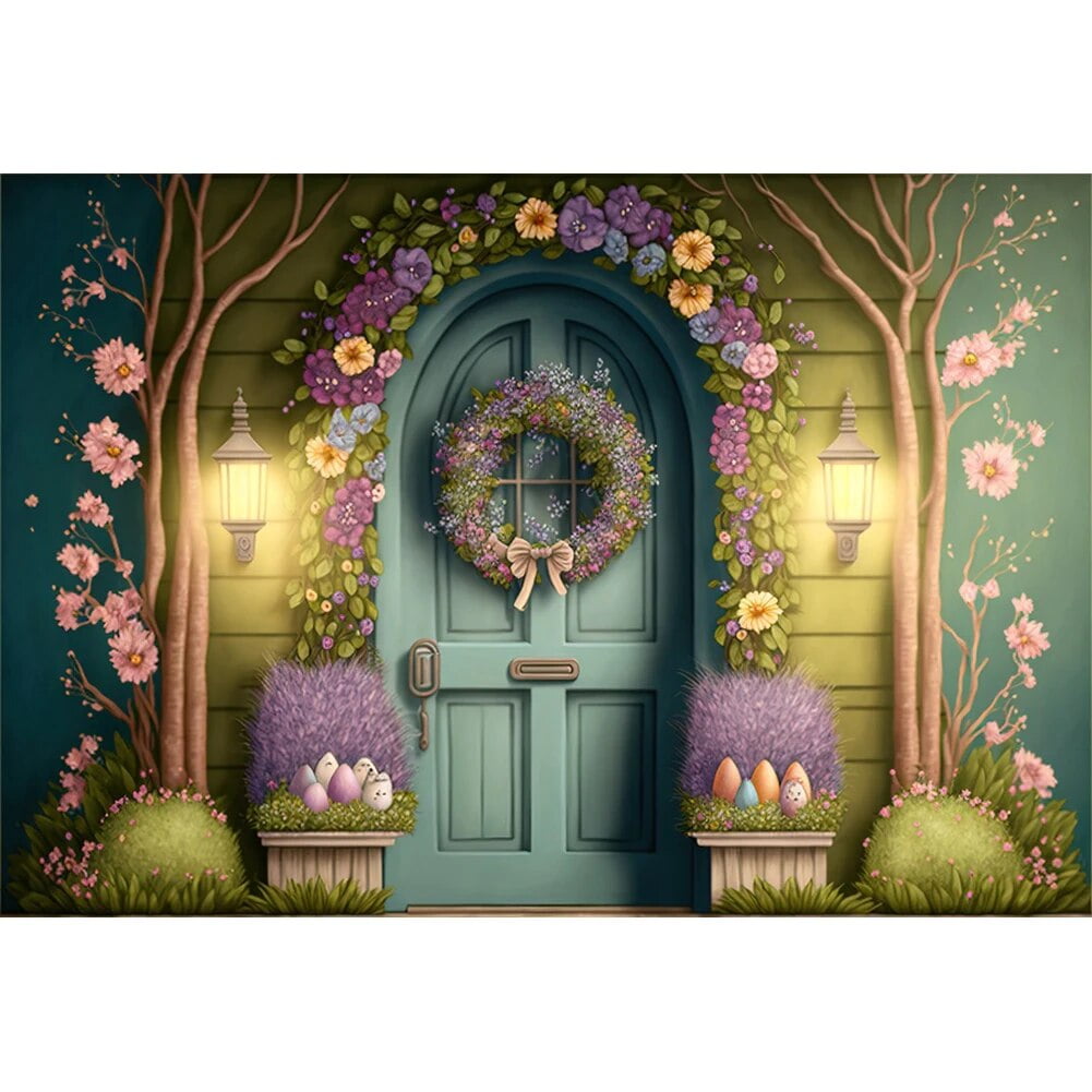 Spring Flower Shop Backdrop Wooden Door Pretty Flowers And Eggs ...