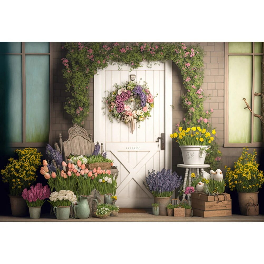 Spring Flower Shop Backdrop Wooden Door Pretty Flowers And Eggs ...