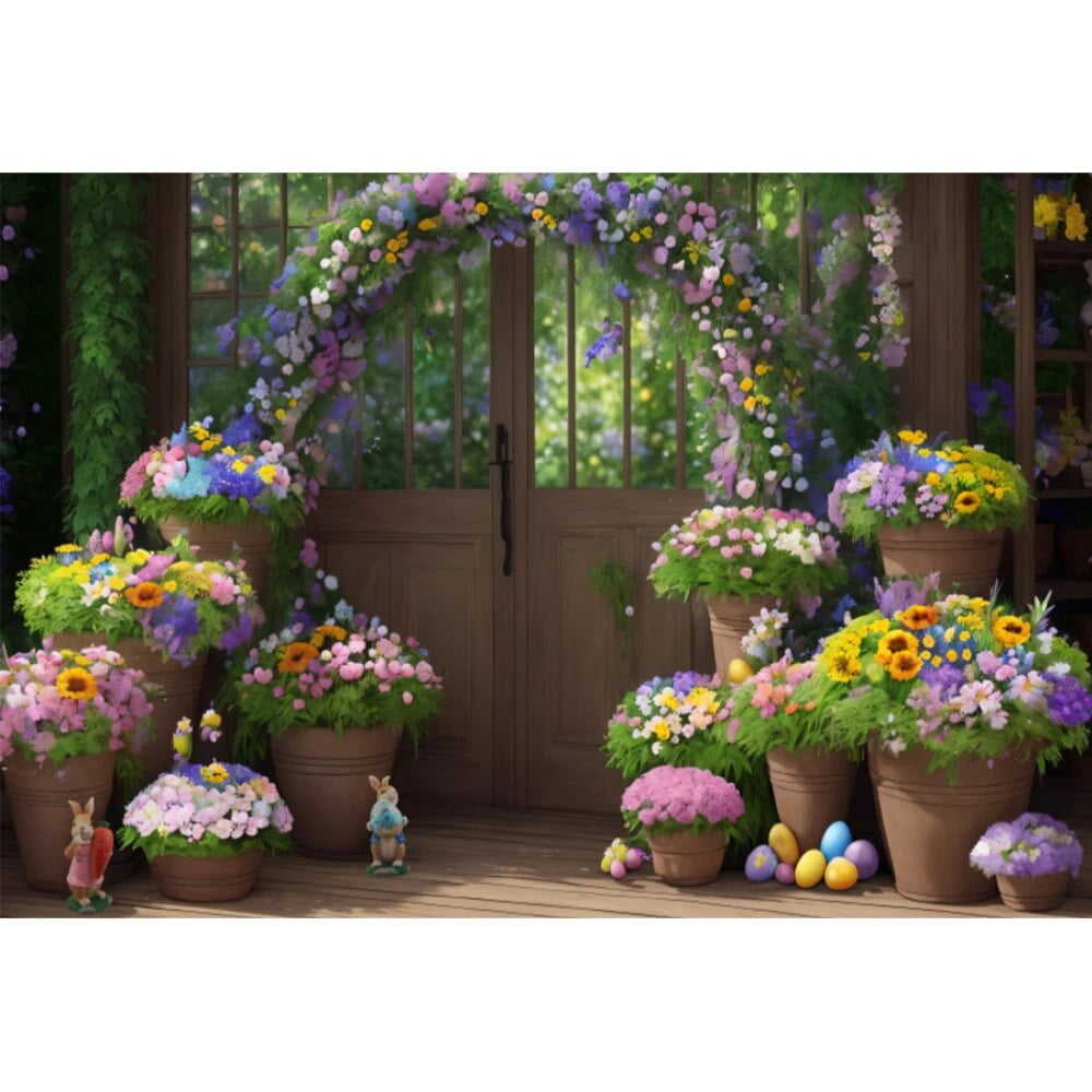 Spring Flower Shop Backdrop Wooden Door Pretty Flowers And Eggs ...