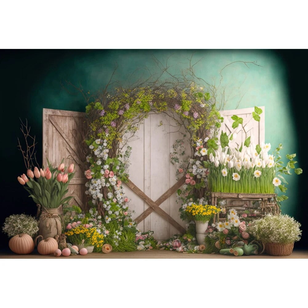 Spring Flower Shop Backdrop Wooden Door Pretty Flowers And Eggs ...
