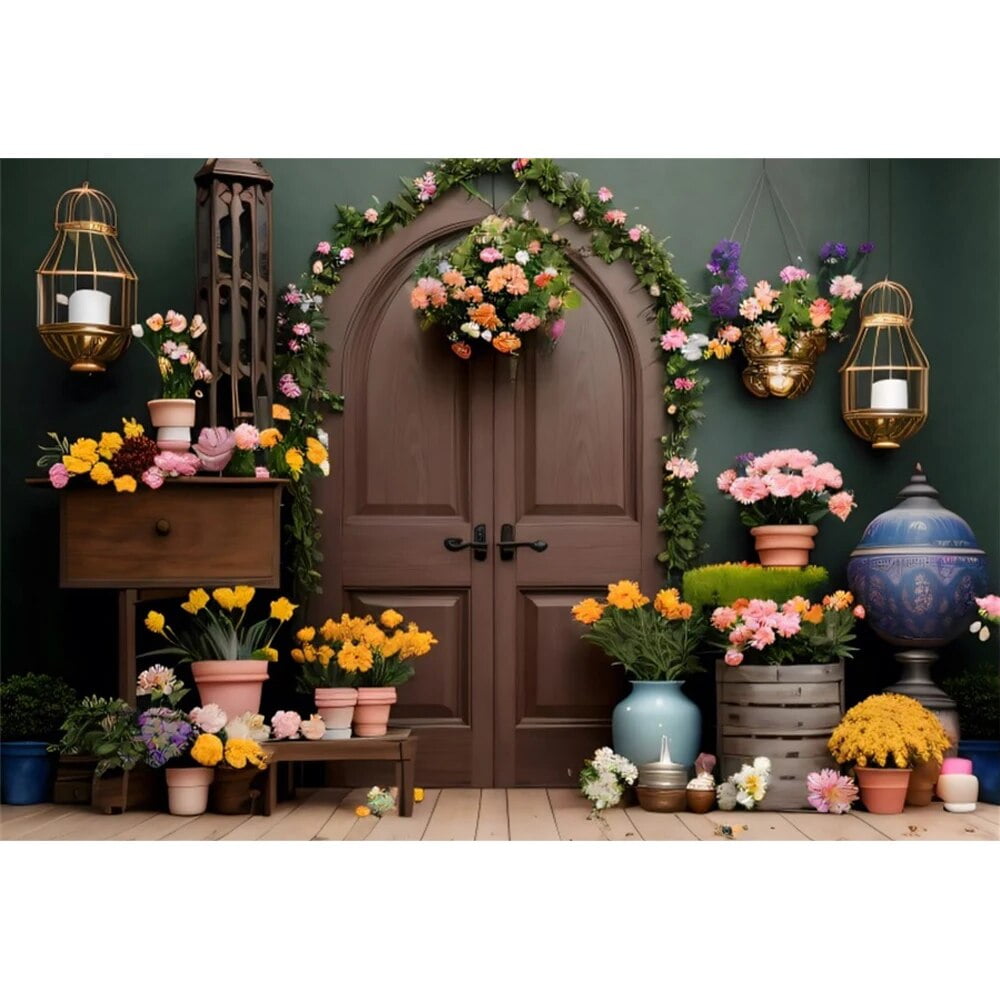 Spring Flower Shop Backdrop Wooden Door Pretty Flowers And Eggs ...