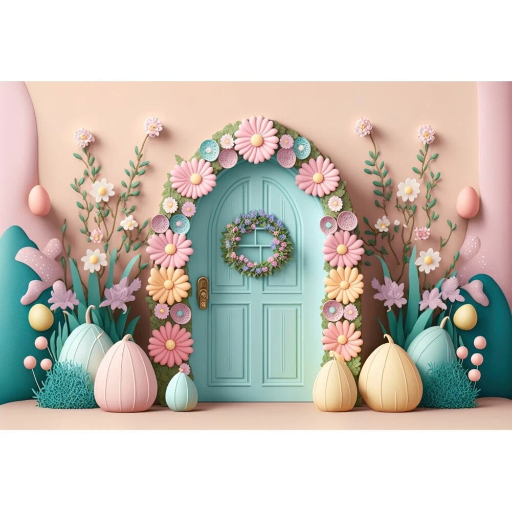 Spring Flower Shop Backdrop Wooden Door Pretty Flowers And Eggs ...