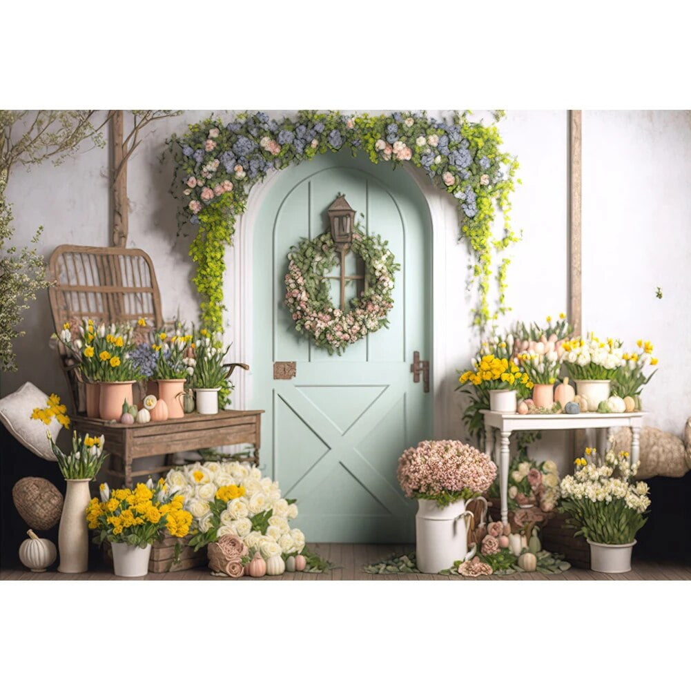 Spring Flower Shop Backdrop Wooden Door Pretty Flowers And Eggs ...
