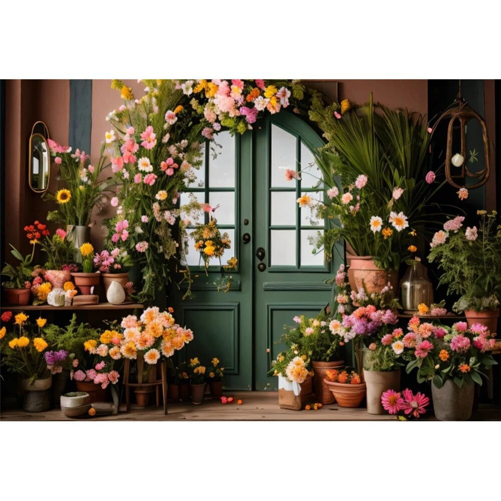 Spring Flower Shop Backdrop Wooden Door Pretty Flowers And Eggs ...