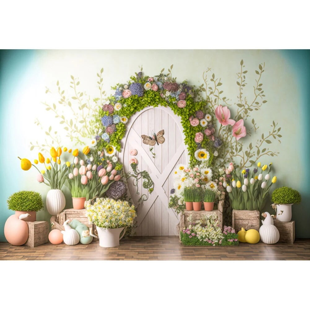 Spring Flower Shop Backdrop Wooden Door Pretty Flowers And Eggs ...