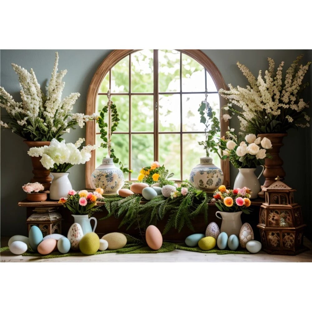 Spring Flower Shop Backdrop Wooden Door Pretty Flowers And Eggs ...