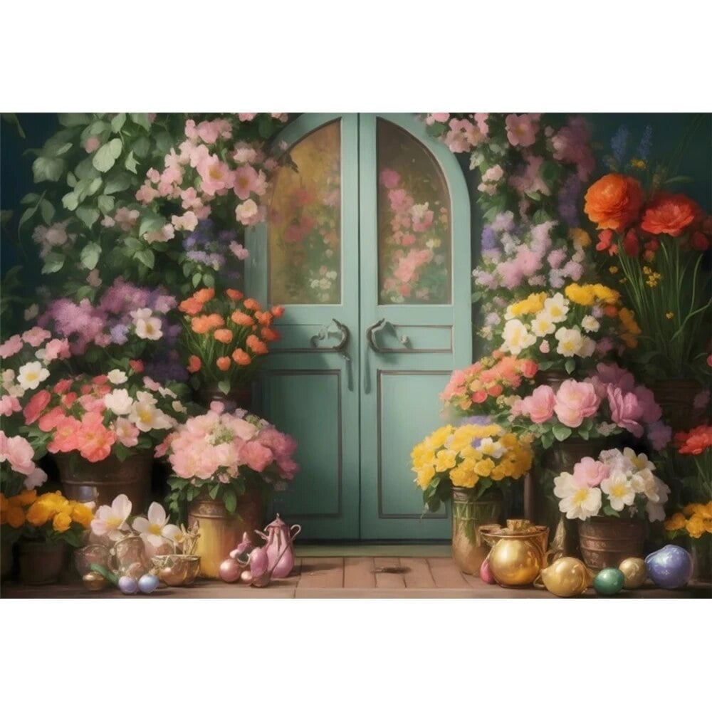 Spring Flower Shop Backdrop Wooden Door Pretty Flowers And Eggs ...