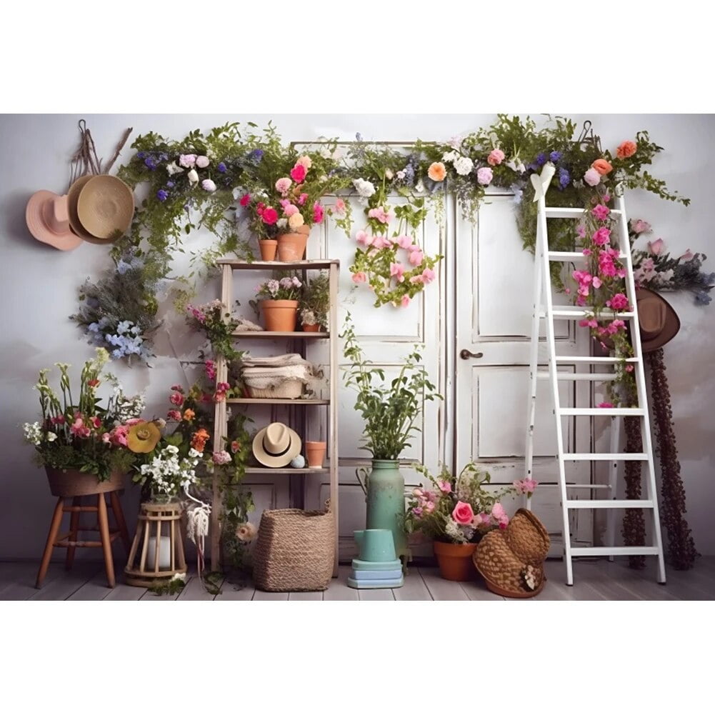 Spring Flower Shop Backdrop Wooden Door Pretty Flowers And Eggs ...