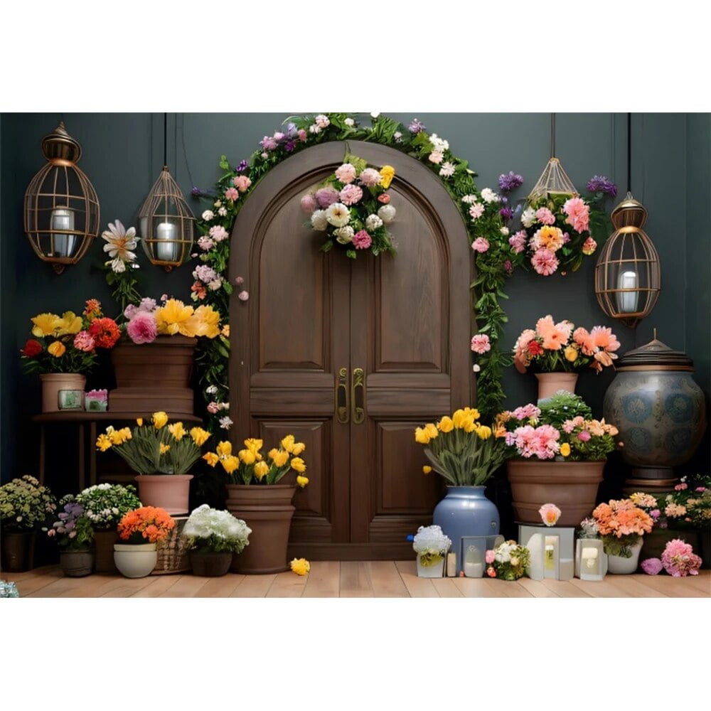 Spring Flower Shop Backdrop Wooden Door Pretty Flowers And Eggs ...