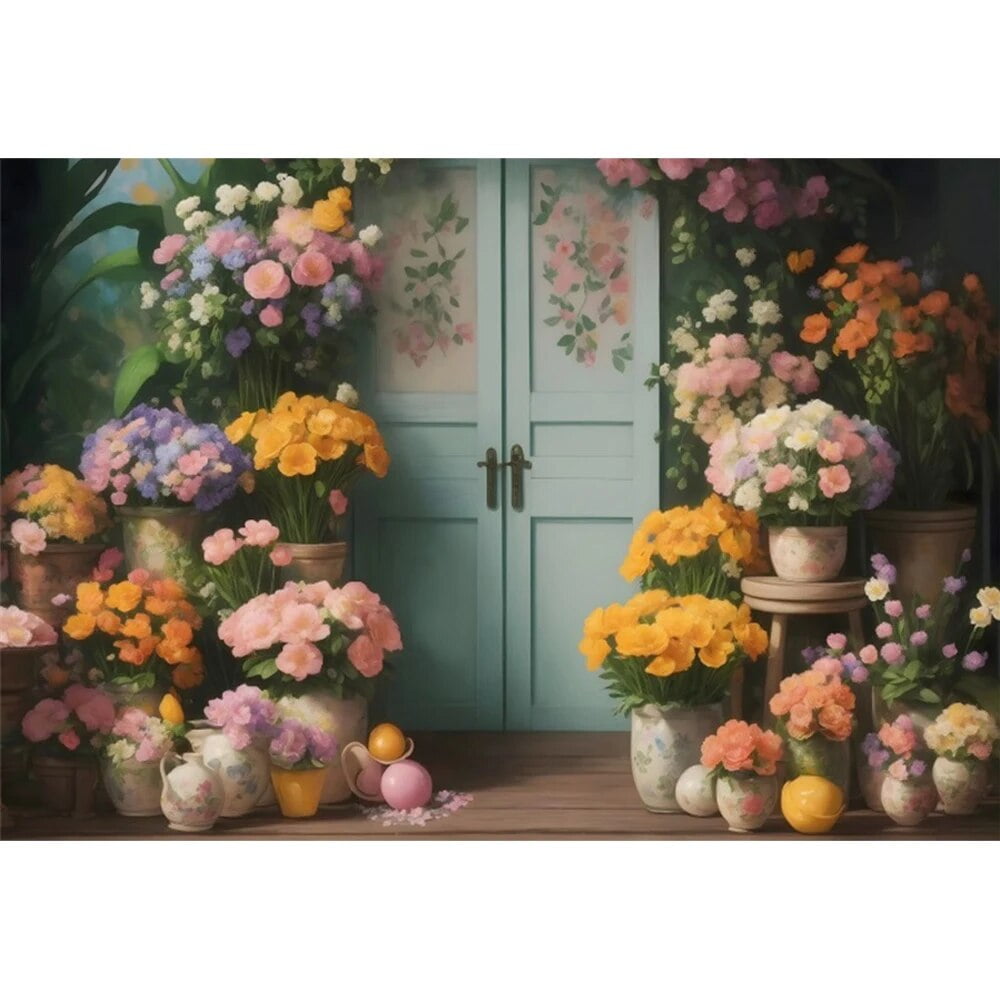 Spring Flower Shop Backdrop Wooden Door Pretty Flowers And Eggs ...