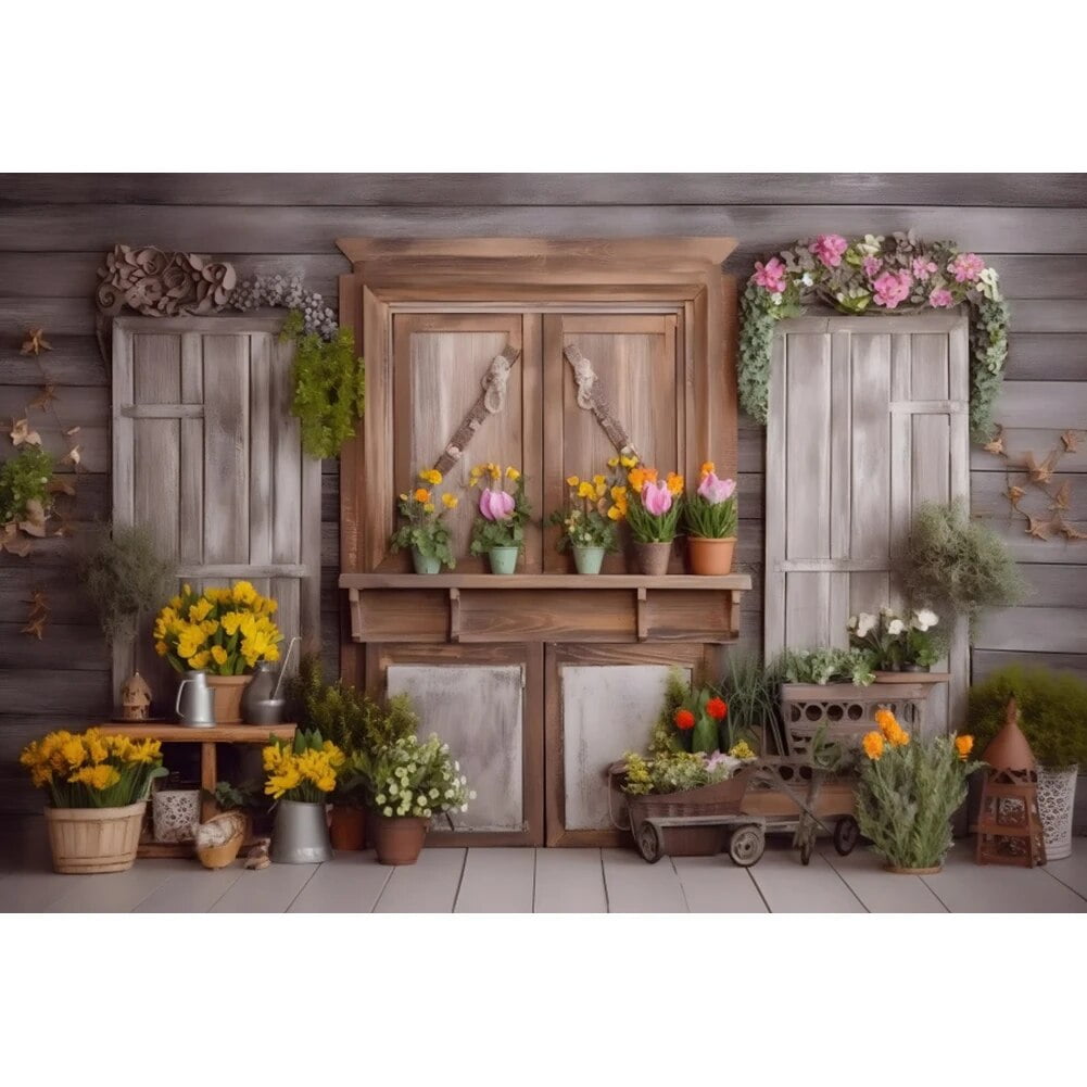Spring Flower Shop Backdrop Wooden Door Pretty Flowers And Eggs ...
