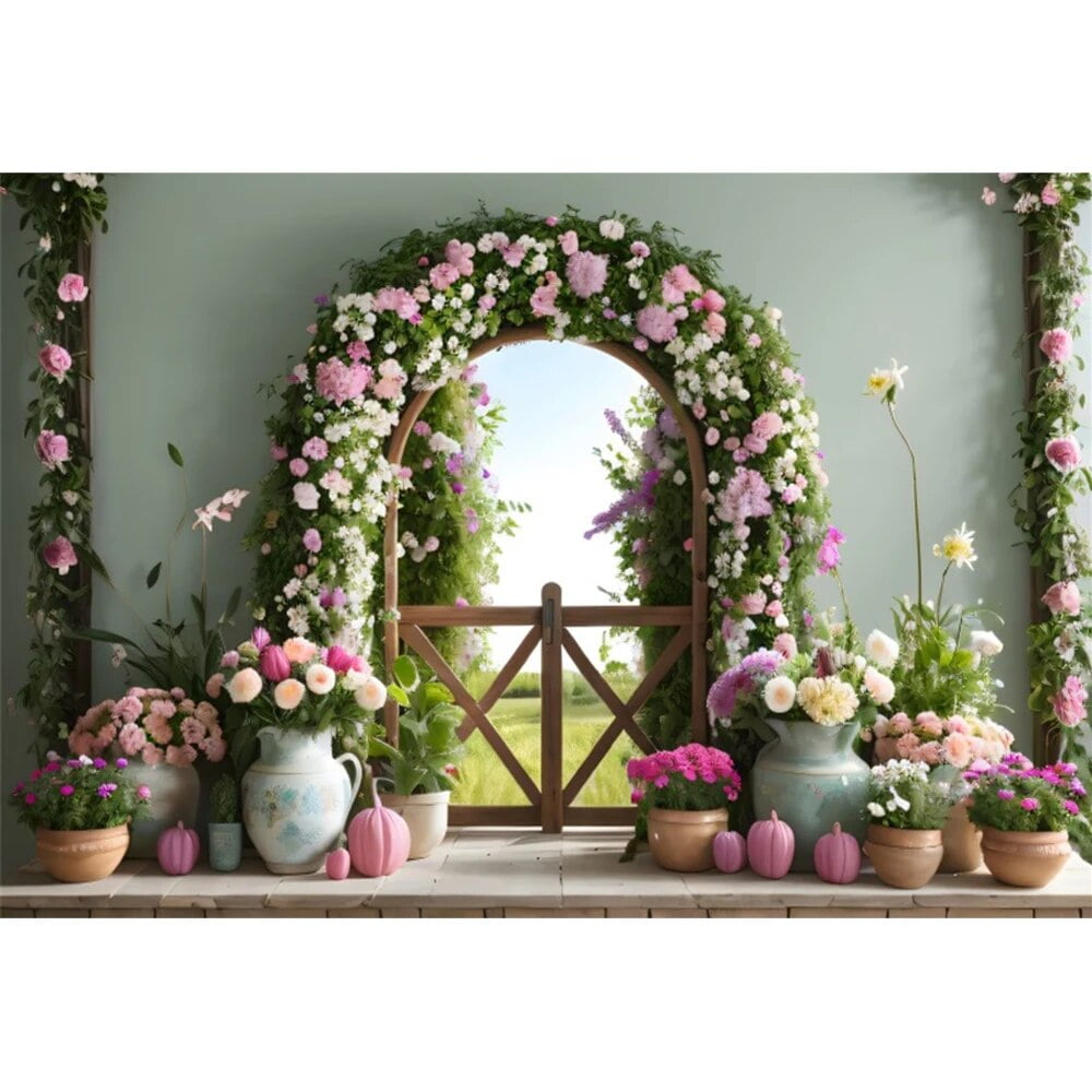 Spring Flower Shop Backdrop Wooden Door Pretty Flowers And Eggs ...