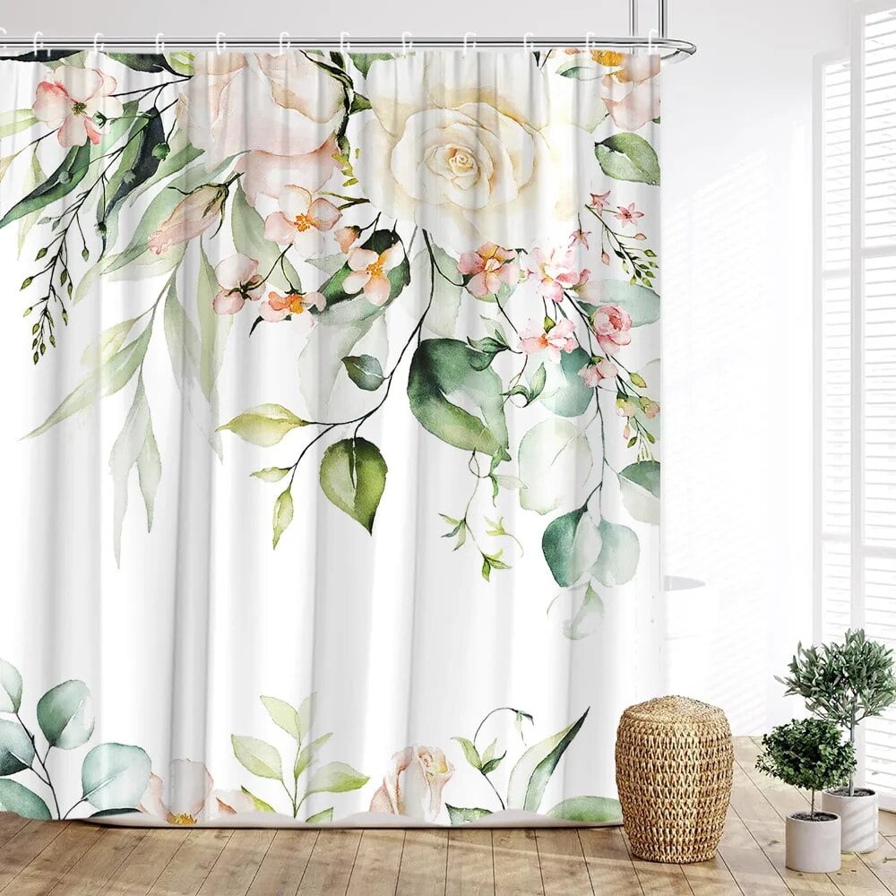Spring Flower Shower Curtain Watercolor Botanical Green Leaf Farm
