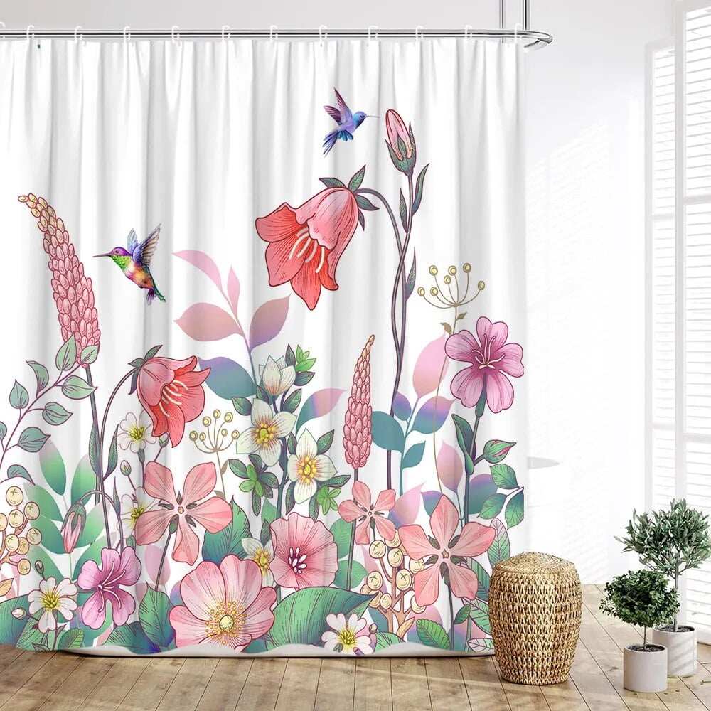 Spring Flower Shower Curtain Watercolor Farm Butterfly Greenery Leaf