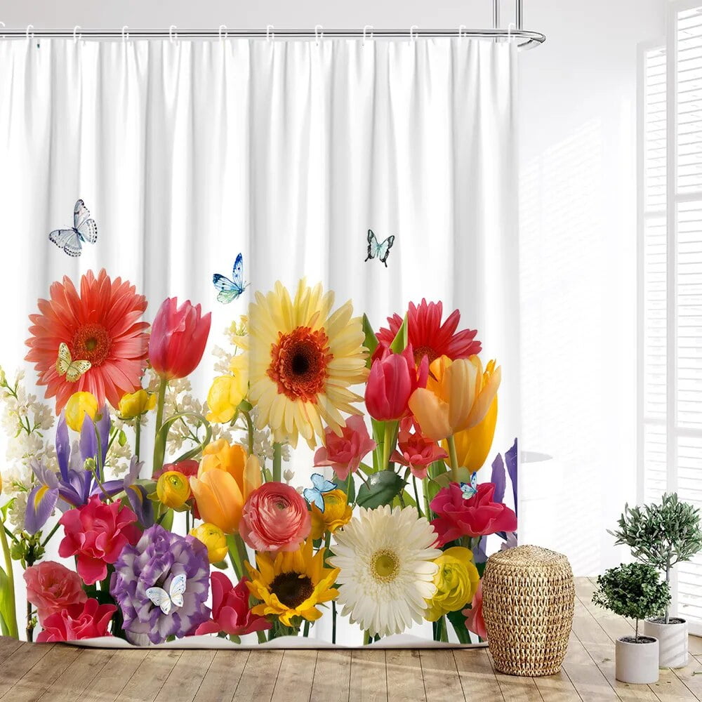 Spring Flower Shower Curtain Watercolor Farm Butterfly Greenery Leaf