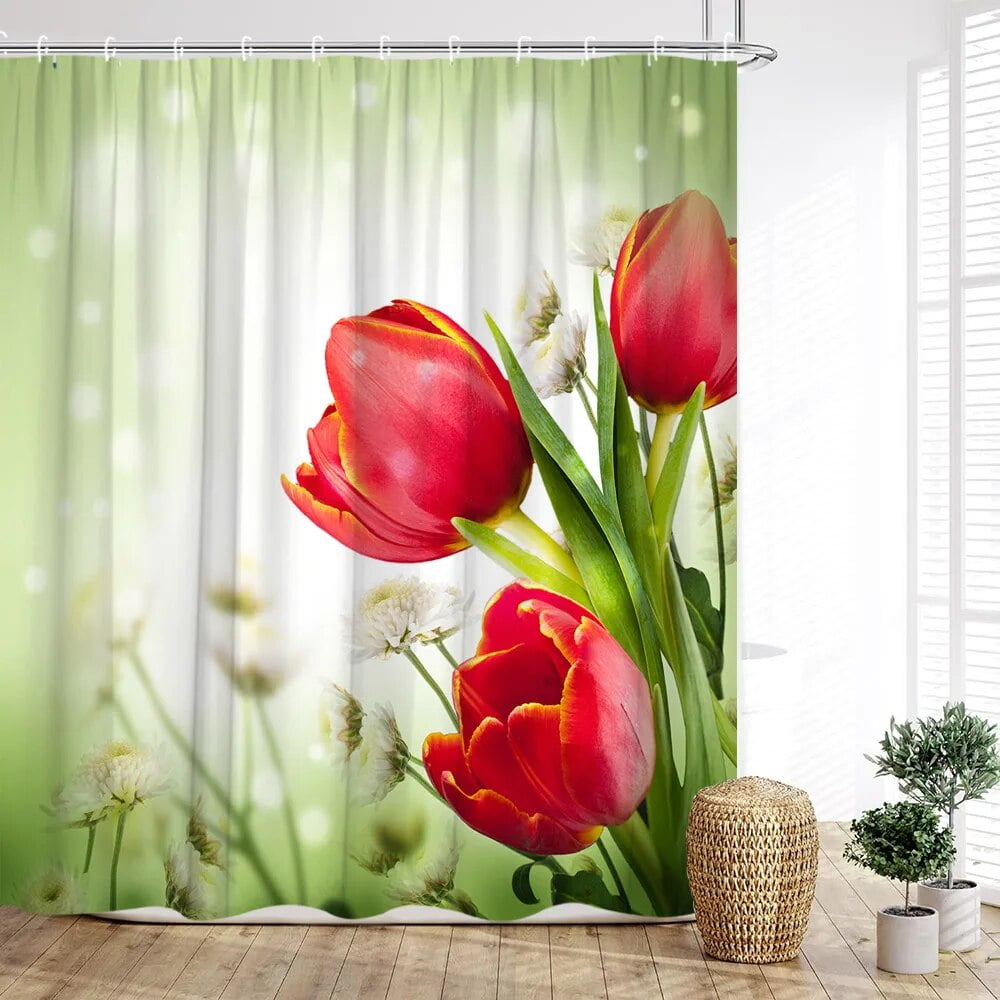 Spring Flower Shower Curtain Watercolor Farm Butterfly Greenery Leaf